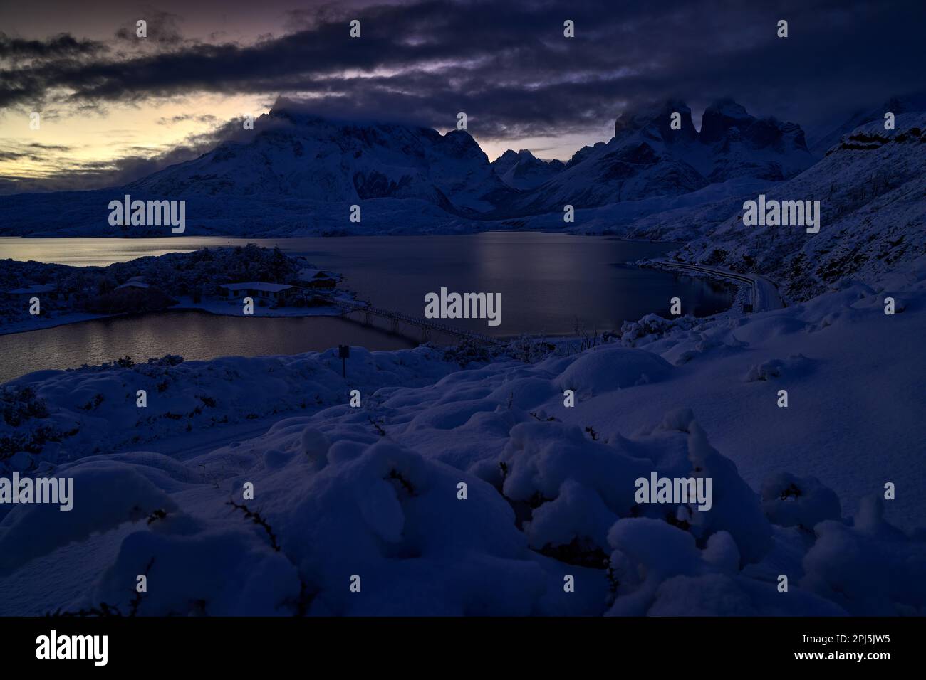 Lake Pehoé in Chile. Winter lanscape from Patagonia moutains with snow ...