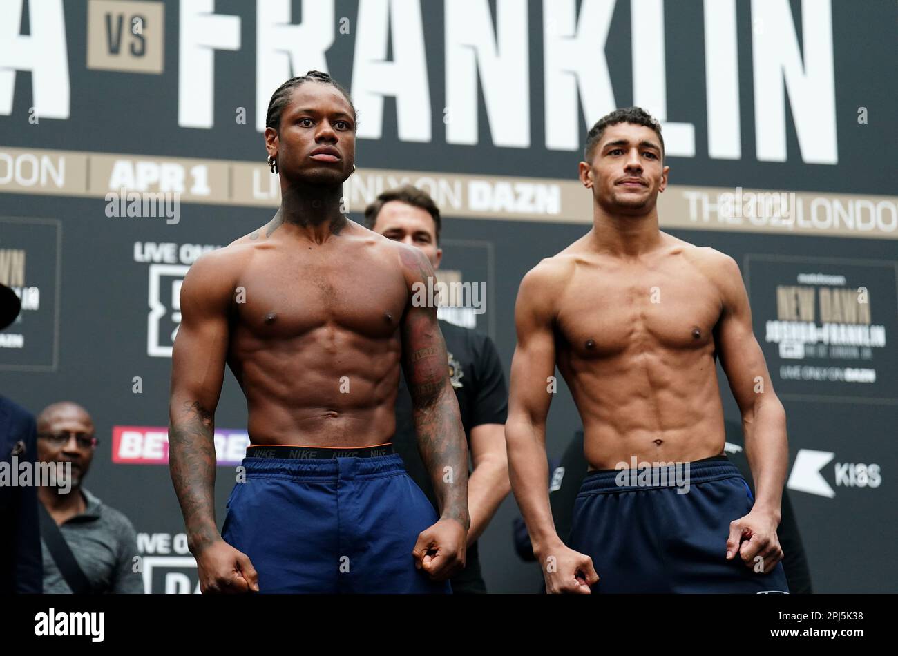 Austin Williams (left) and River Wilson-Bent during the weigh-in at Westfield London. Picture ...