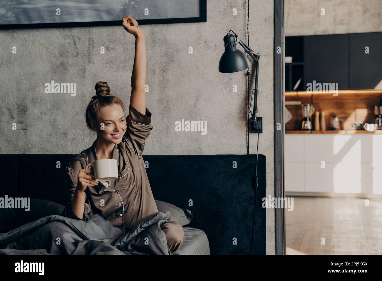 Happy Life Attractive Young Happy Female Having Morning Coffee In Bed