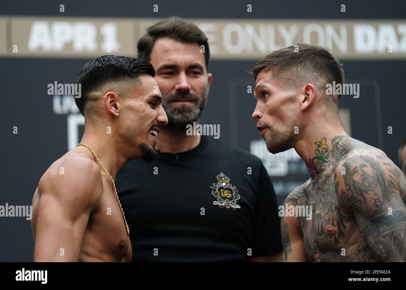 Jordan Flynn (left) and Kane Baker during the weigh-in at Westfield London. Picture date: Friday ...