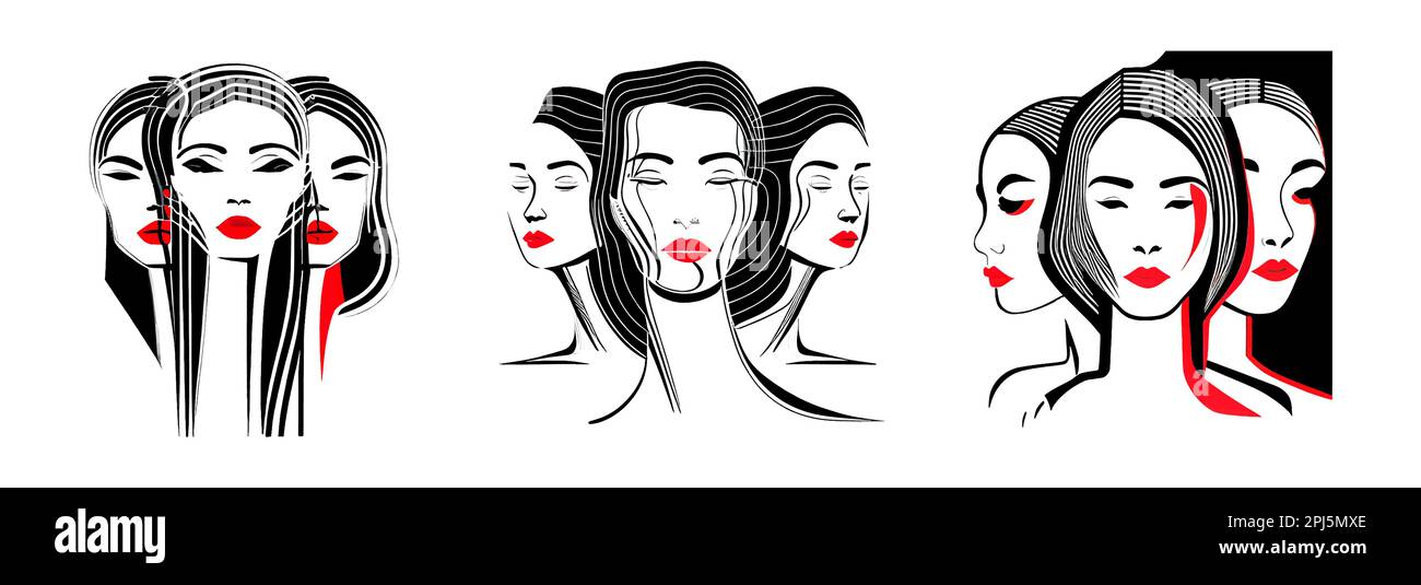 set vector line illustration of woman with many split personality ...