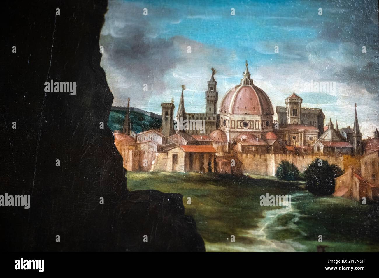 Detail of Renaissance Florence in the background of the Portrait of ...
