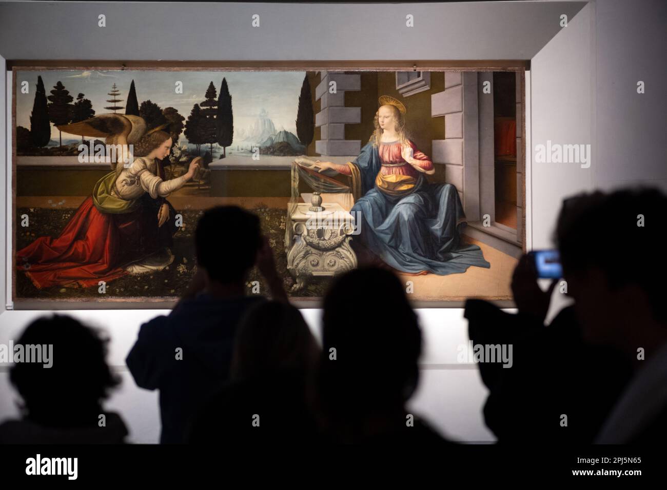 'Annunciation' (1472-76) attributed to Leonardo da Vinci on display at the Uffizi gallery ...