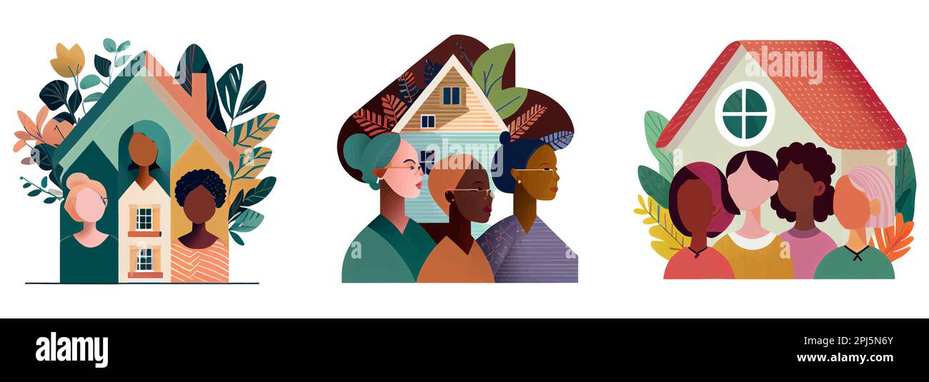 set vector illustration of family portrain ancestors near house ...