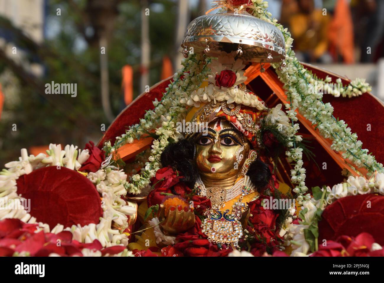 Hindu devotees hold the idol of Lord Ram while take part during Ram ...