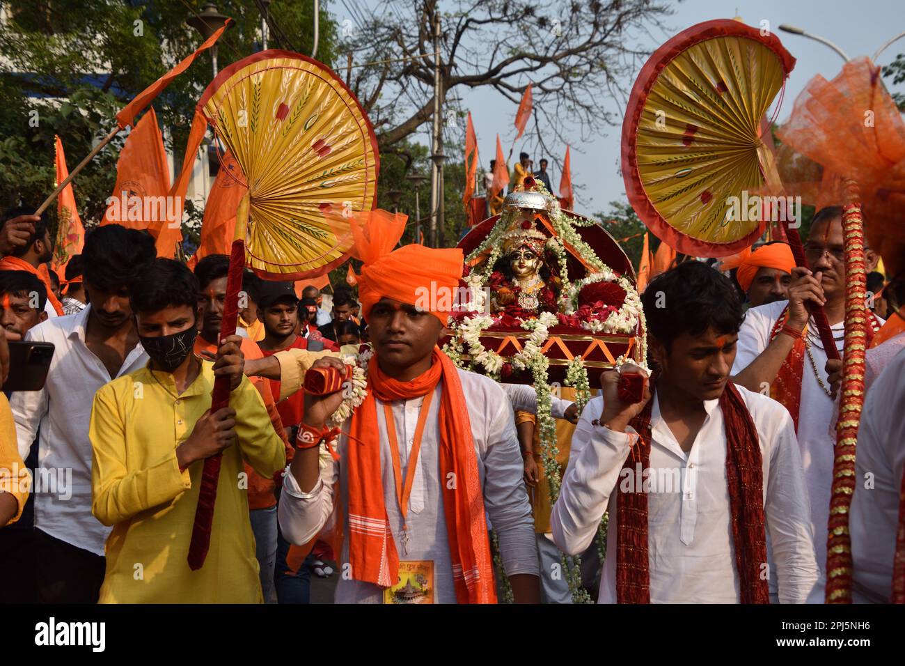Hindu devotees hold the idol of Lord Ram while take part during Ram Navami rally. This festival ...