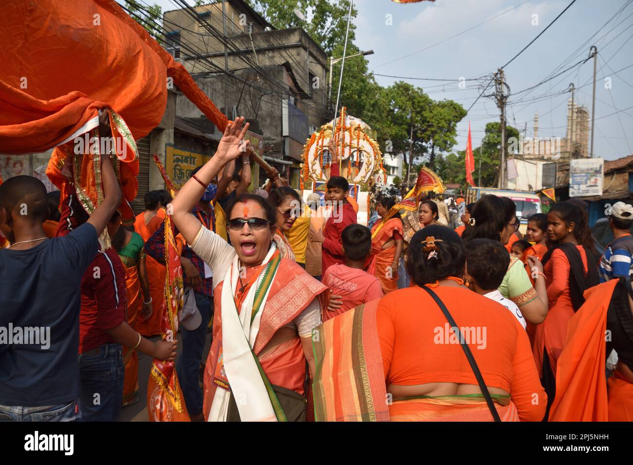 Hindu devotees hold the idol of Lord Ram while take part during Ram ...