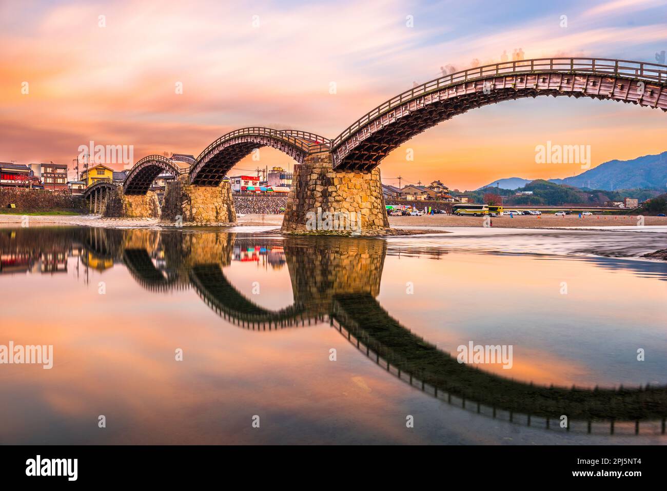 Iwakuni, Yamaguchi, Japan at Kintaikyo Bridge over the Nishiki River at ...