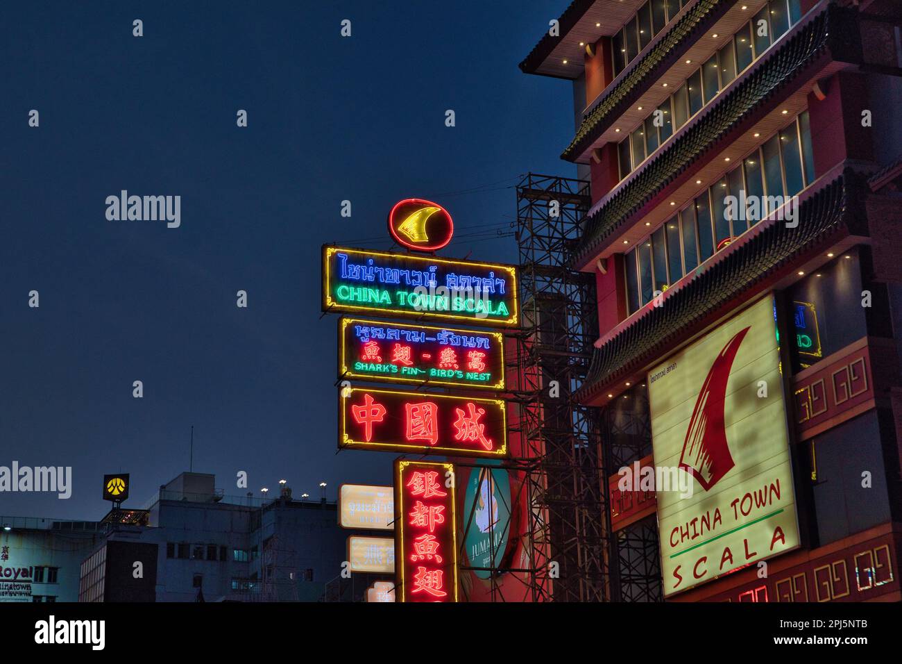Colorful glowing neon billboards at night in Chinatown in Bangkok in Thailand Stock Photo - Alamy