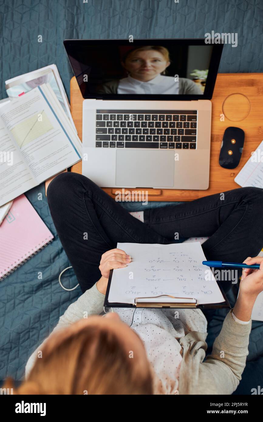 Young woman student having classes, learning online, watching lesson ...
