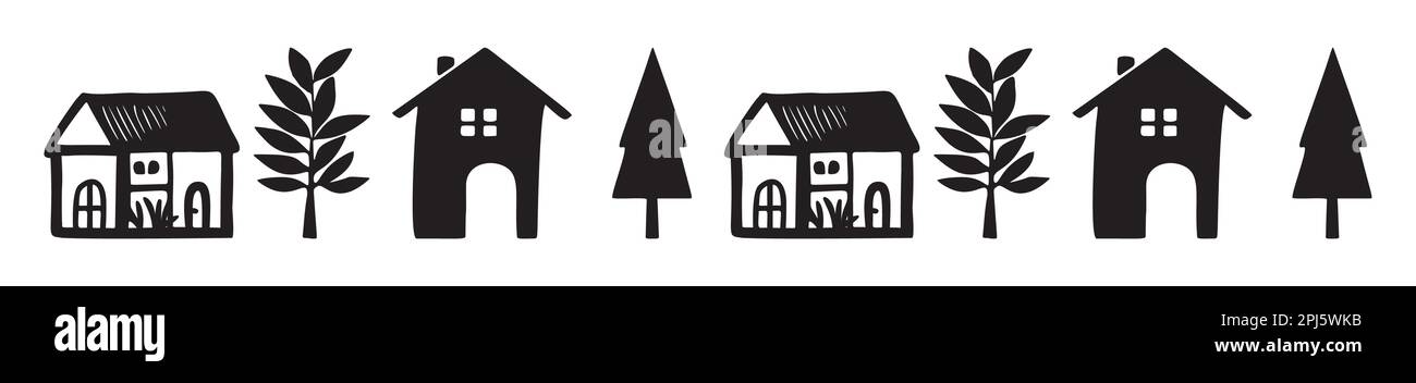 Monochrome woodland village bordure, edging of woodland cottage trim ...