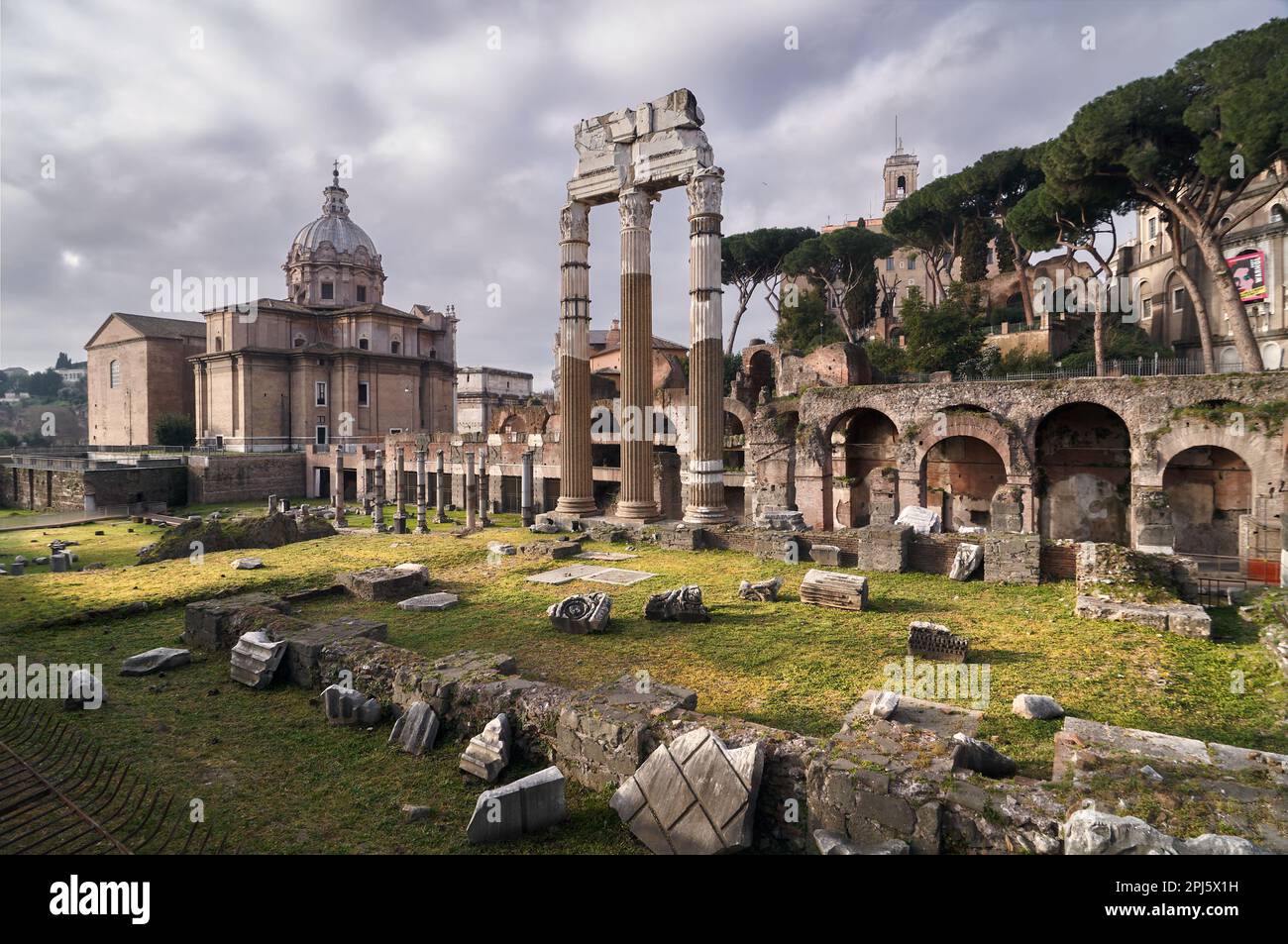 the cesar forum in Rome with a church in the background with nobody ...