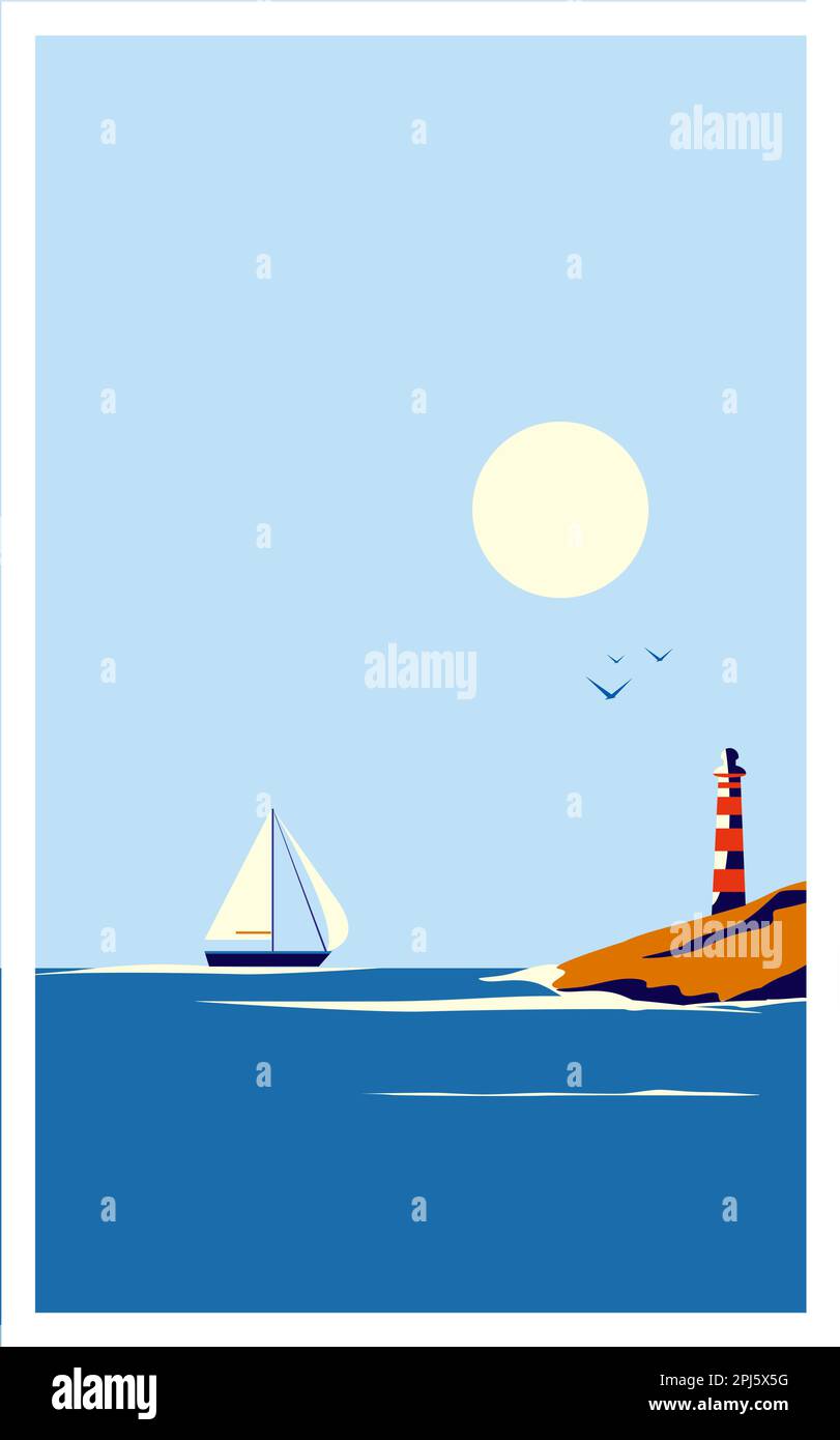 Vector illustration of a yacht or sailboat next to a lighthouse on the ...