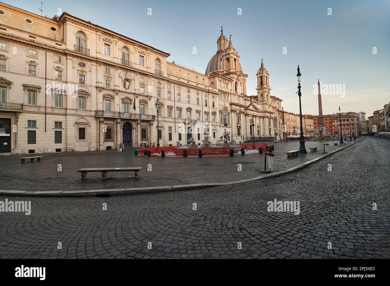 panoramic view of the Navona square with its fountains in Rome at dawn ...