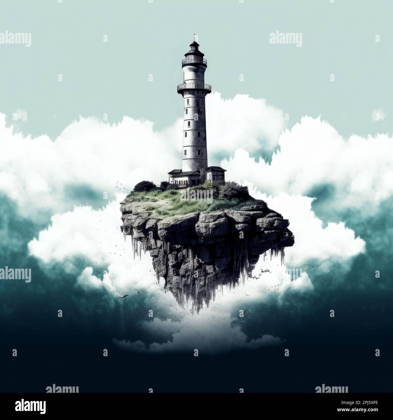 A fantastic high lighthouse tower on a stone island flies in the air ...