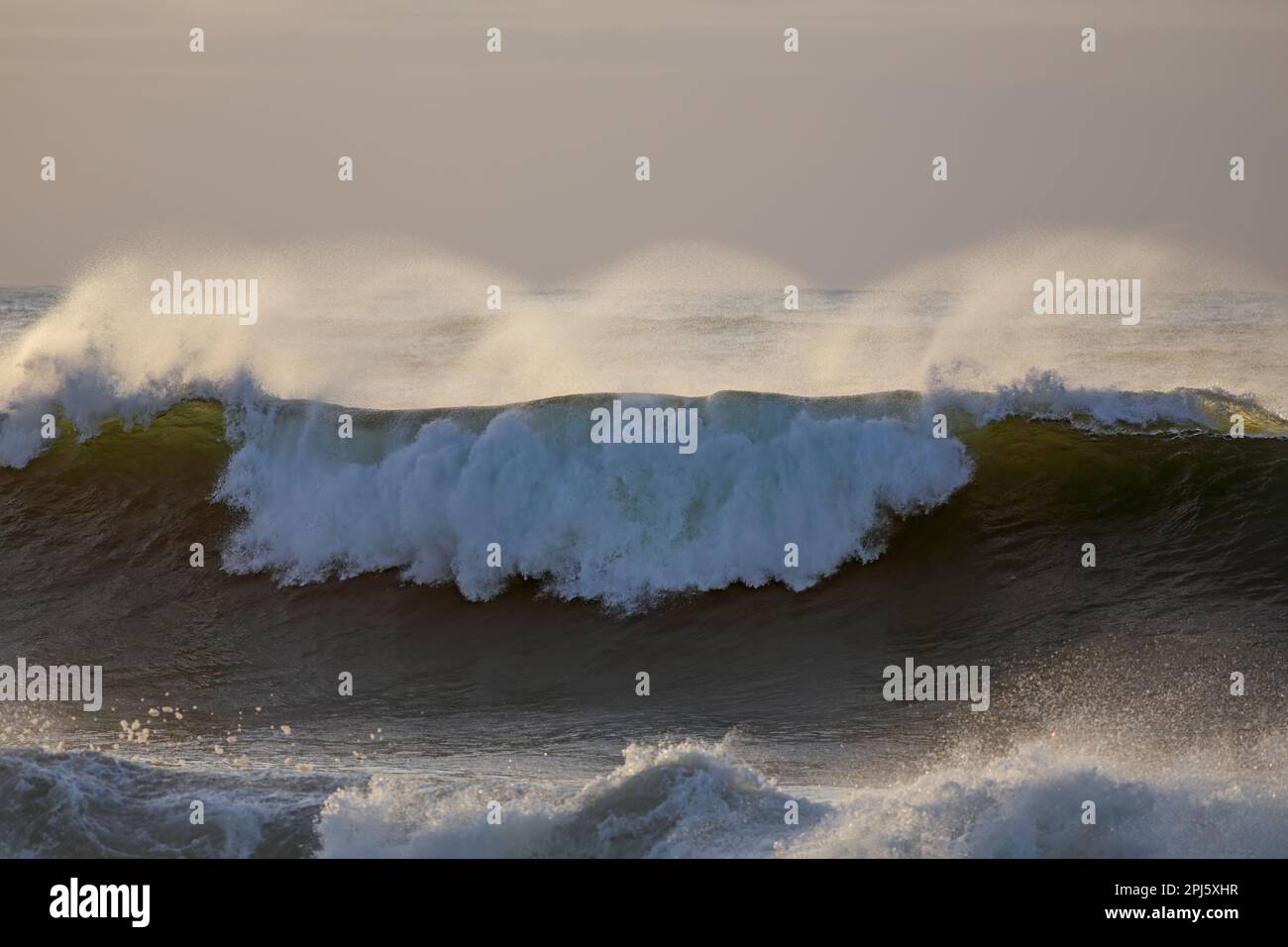 Wind spray from a powerful breaking wave at sunset. Northern portuguese ...