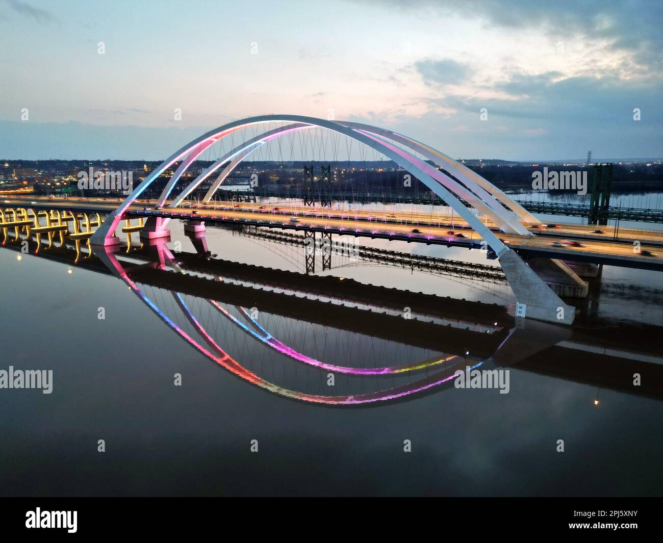 An aerial view of the newly constructed I-74 bridge over the ...