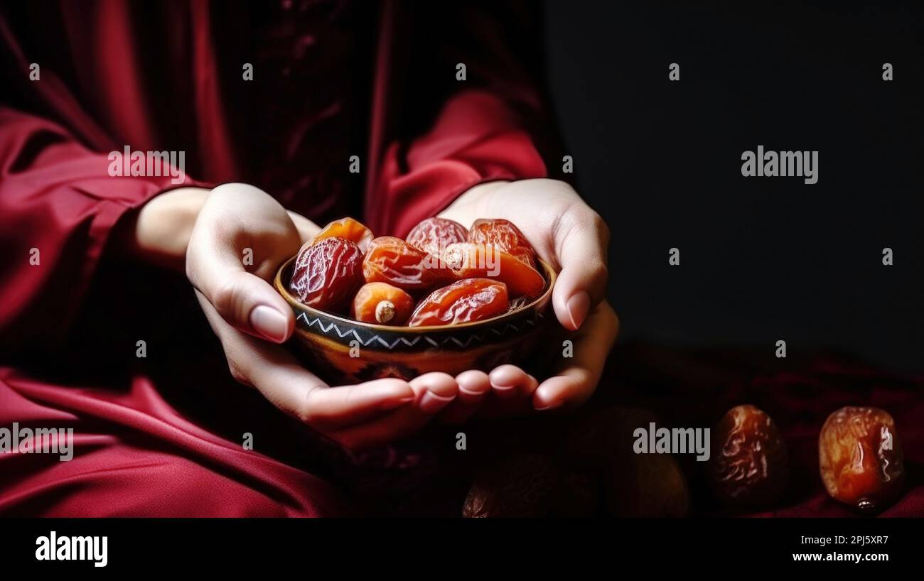 Muslim girl holding bowl of dates. Traditional distribution of food ...