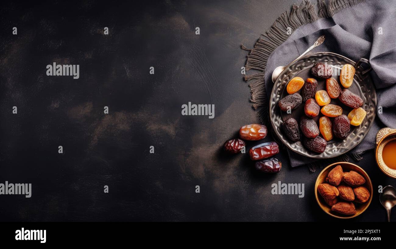 Dates nuts on a metal dish, dark background. National dish for events ...