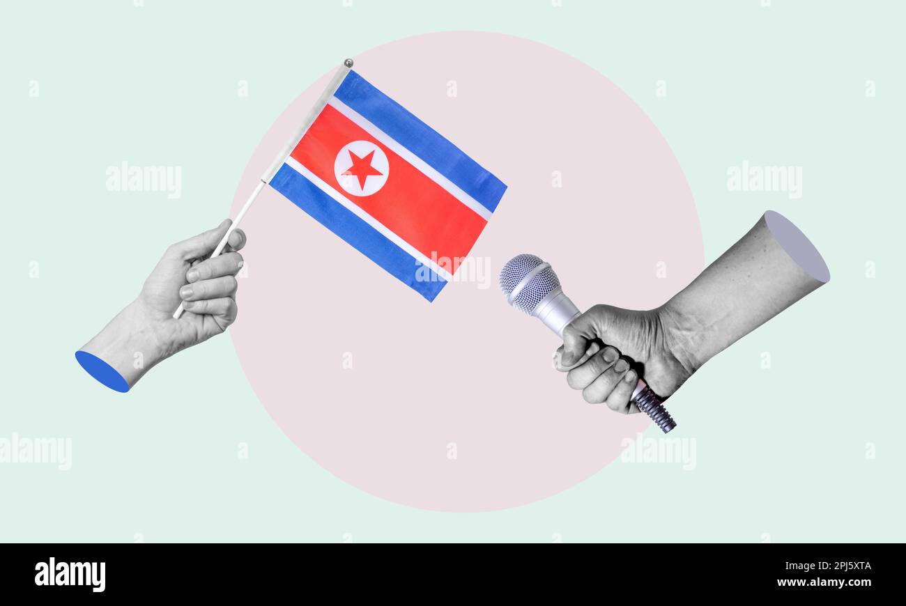 Art collage, collage of a hand holding a DPRK flag, microphone in the ...