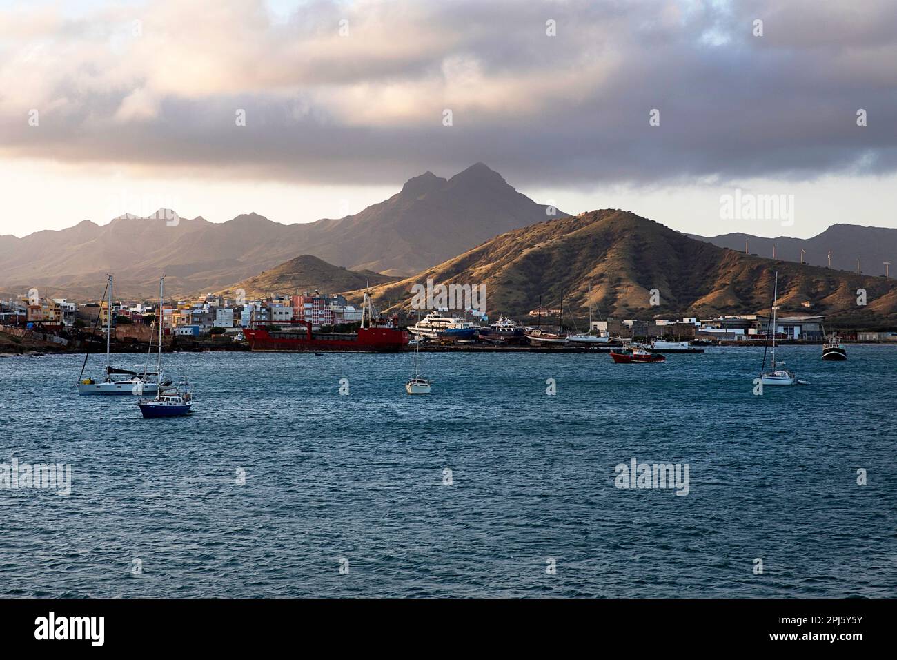 Beautiful morning in Mindelo harbour with mountains at the back, Sao ...