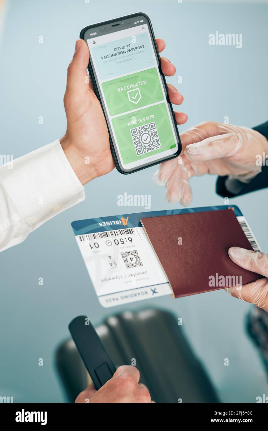 Digital covid certificate. Covid vaccination digital pass. Woman ...