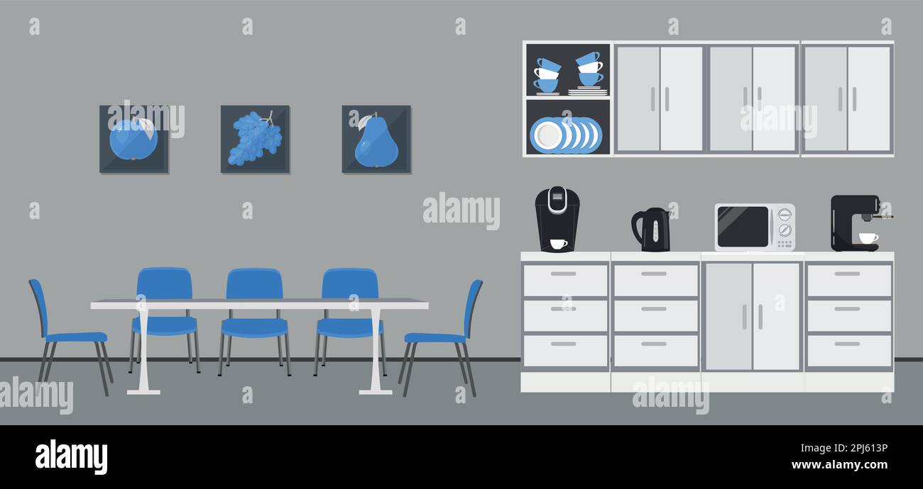 Office kitchen. Dining room in office. There are kitchen cabinets, a ...