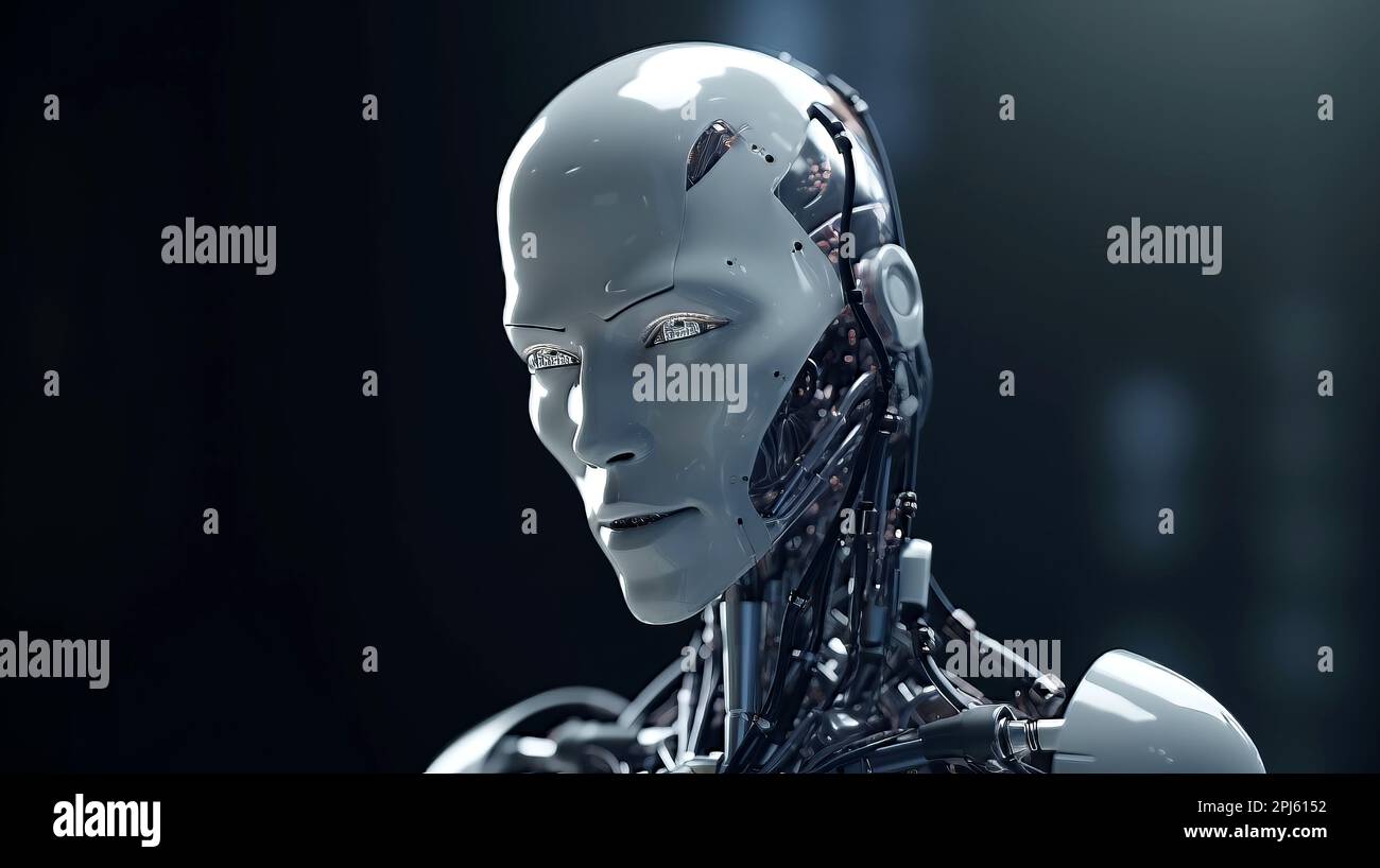 Robot man is thinking about something. on a dark background ...