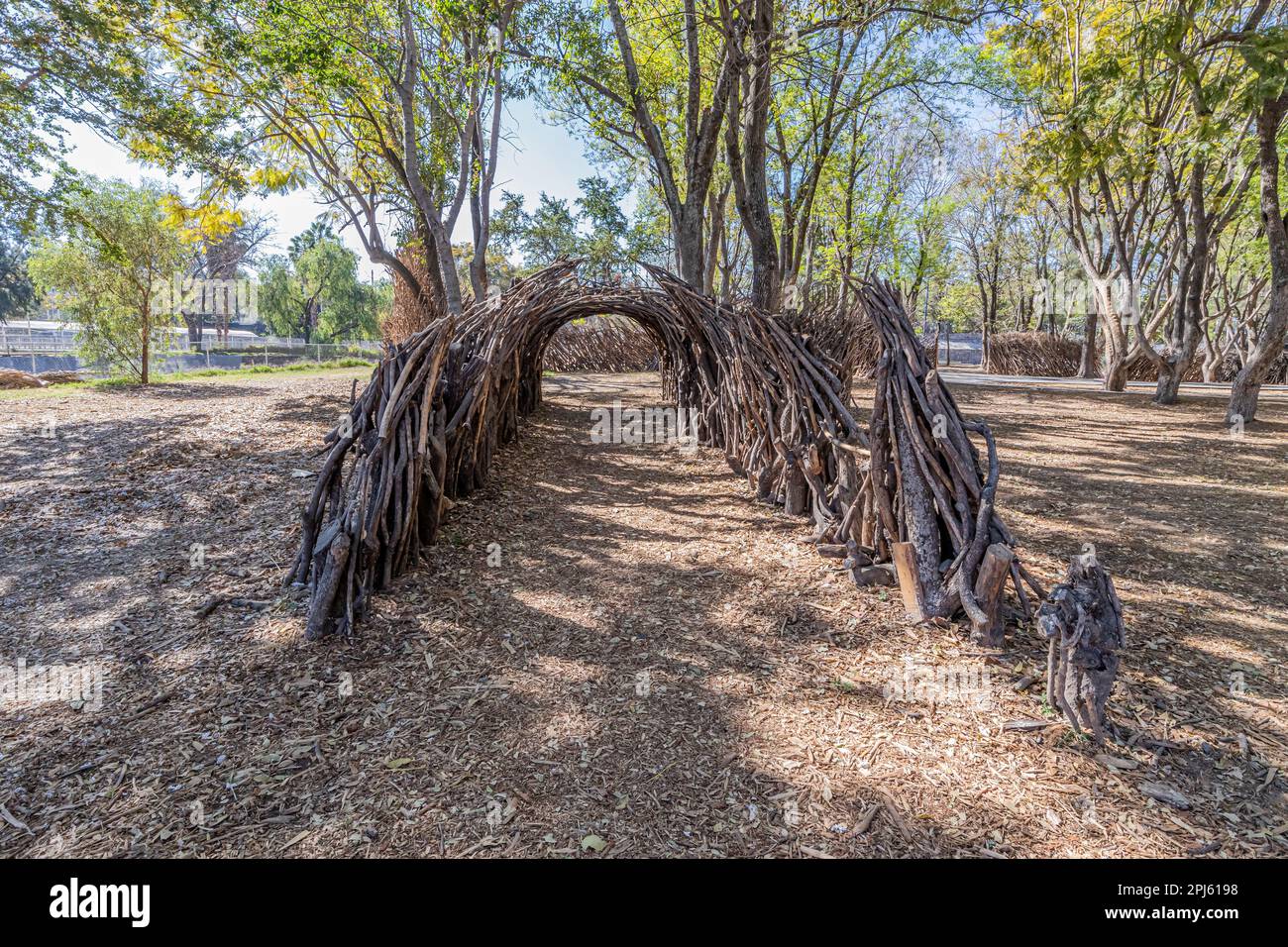 Rustic tunnel formed by branches and wooden logs, trees with green ...