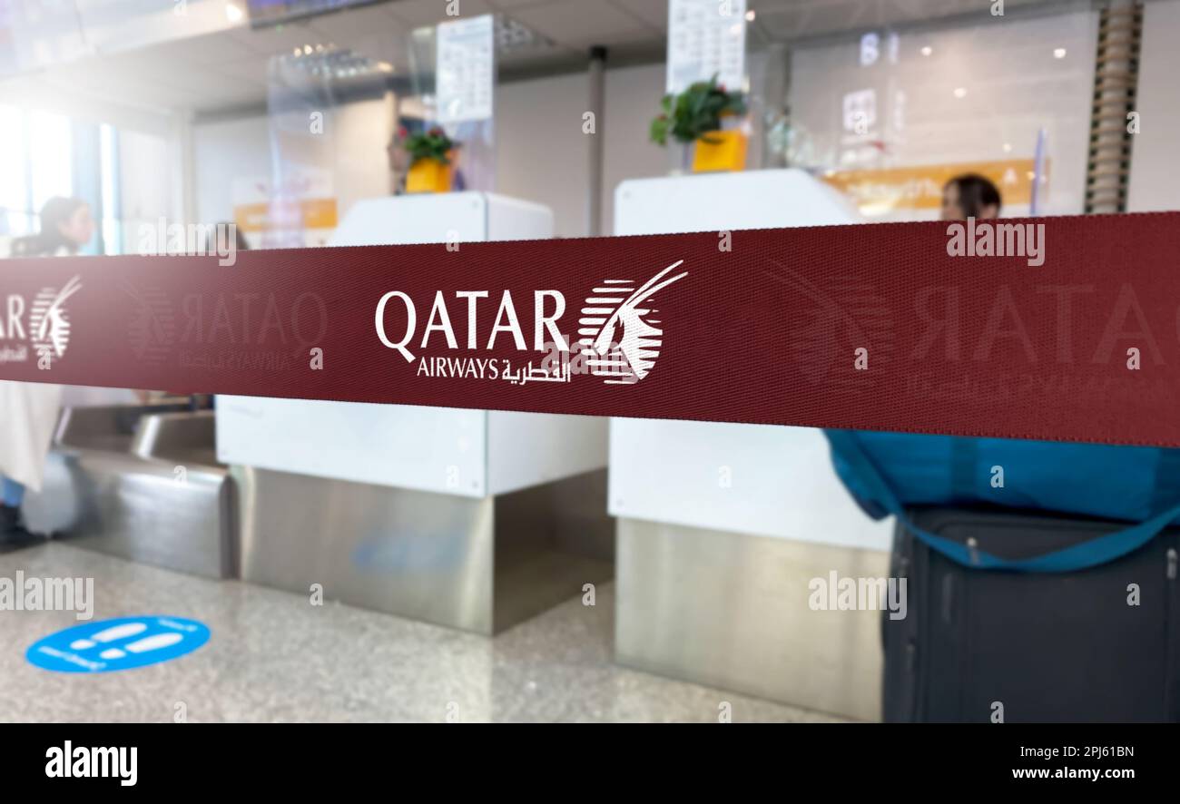 Doha, QA Jan 2023: Red barrier tape with the Qatar Airways logo inside ...