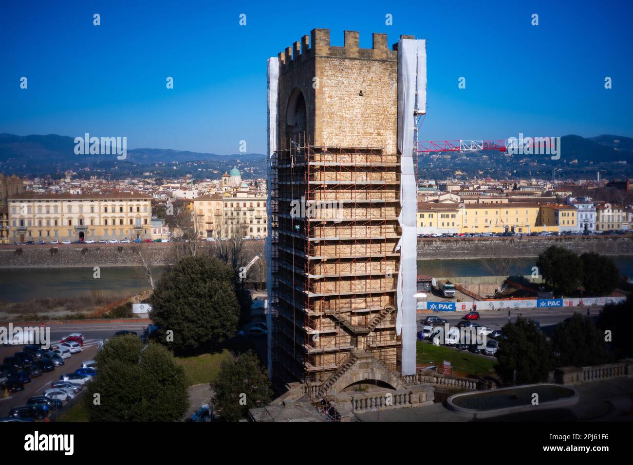 Porta San Niccolò under renovation. Ancient city walls of Florence ...