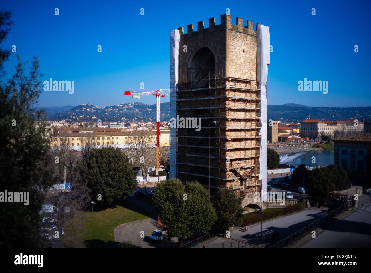 Porta San Niccolò under renovation. Ancient city walls of Florence ...