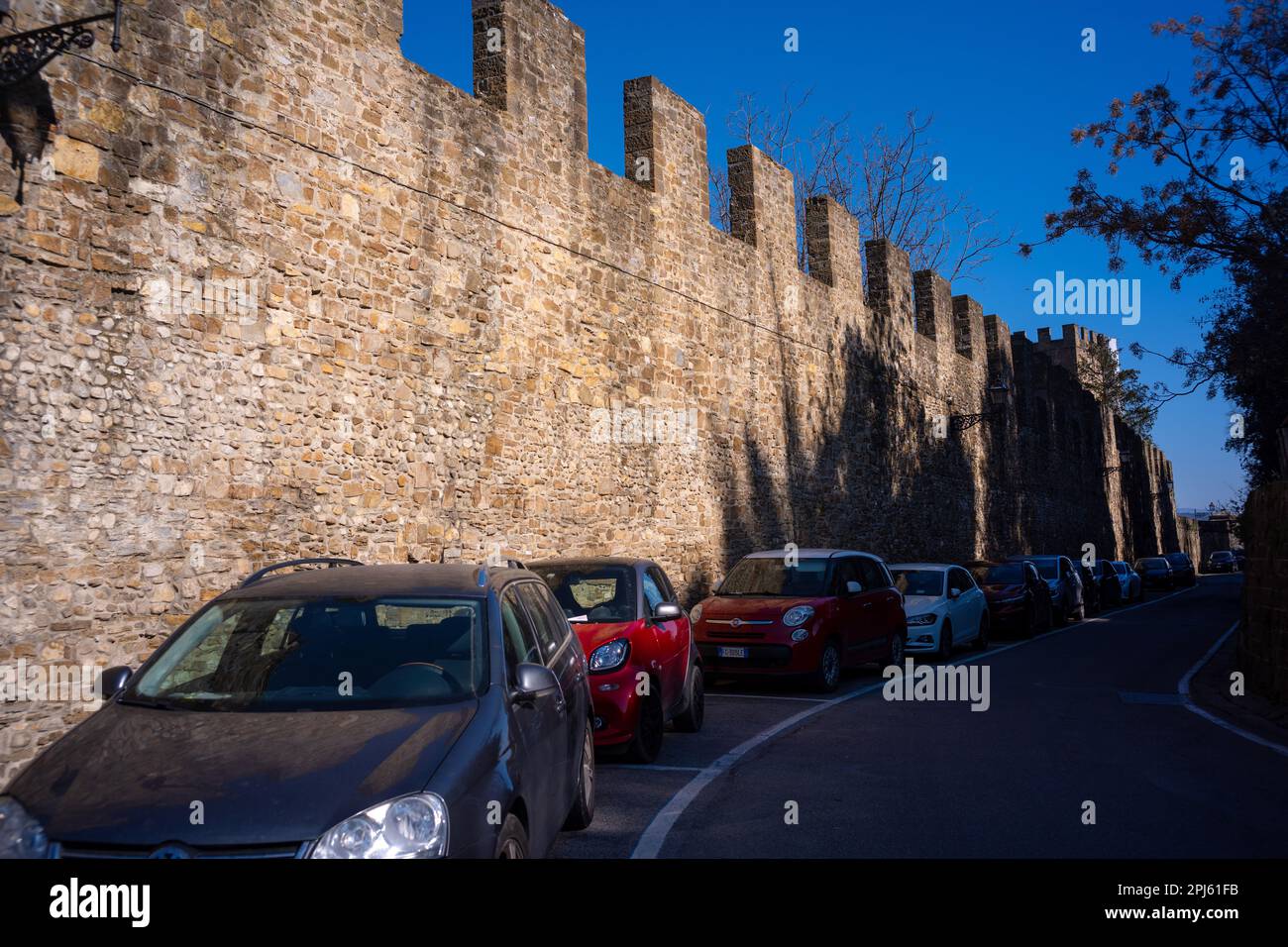 Ancient city walls of Florence around the Oltrarno on Via dei Bastioni ...