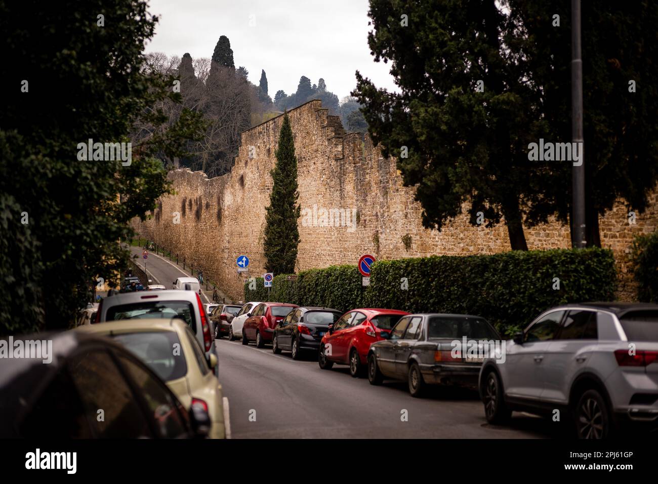 Ancient city walls of Florence around the Oltrarno on Via dei Bastioni ...