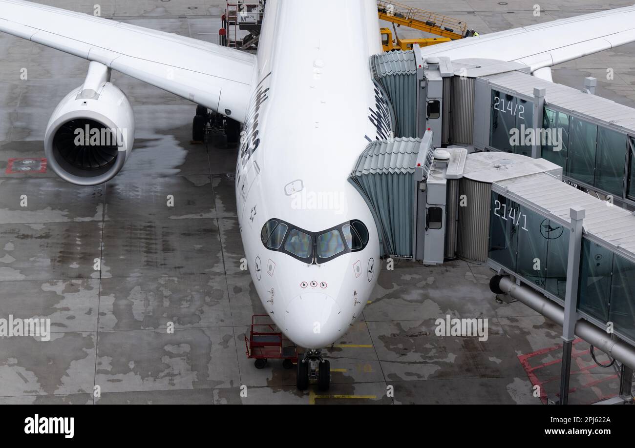 Munich, Germany. 31st Mar, 2023. A Lufthansa Airbus A350 stands at a ...