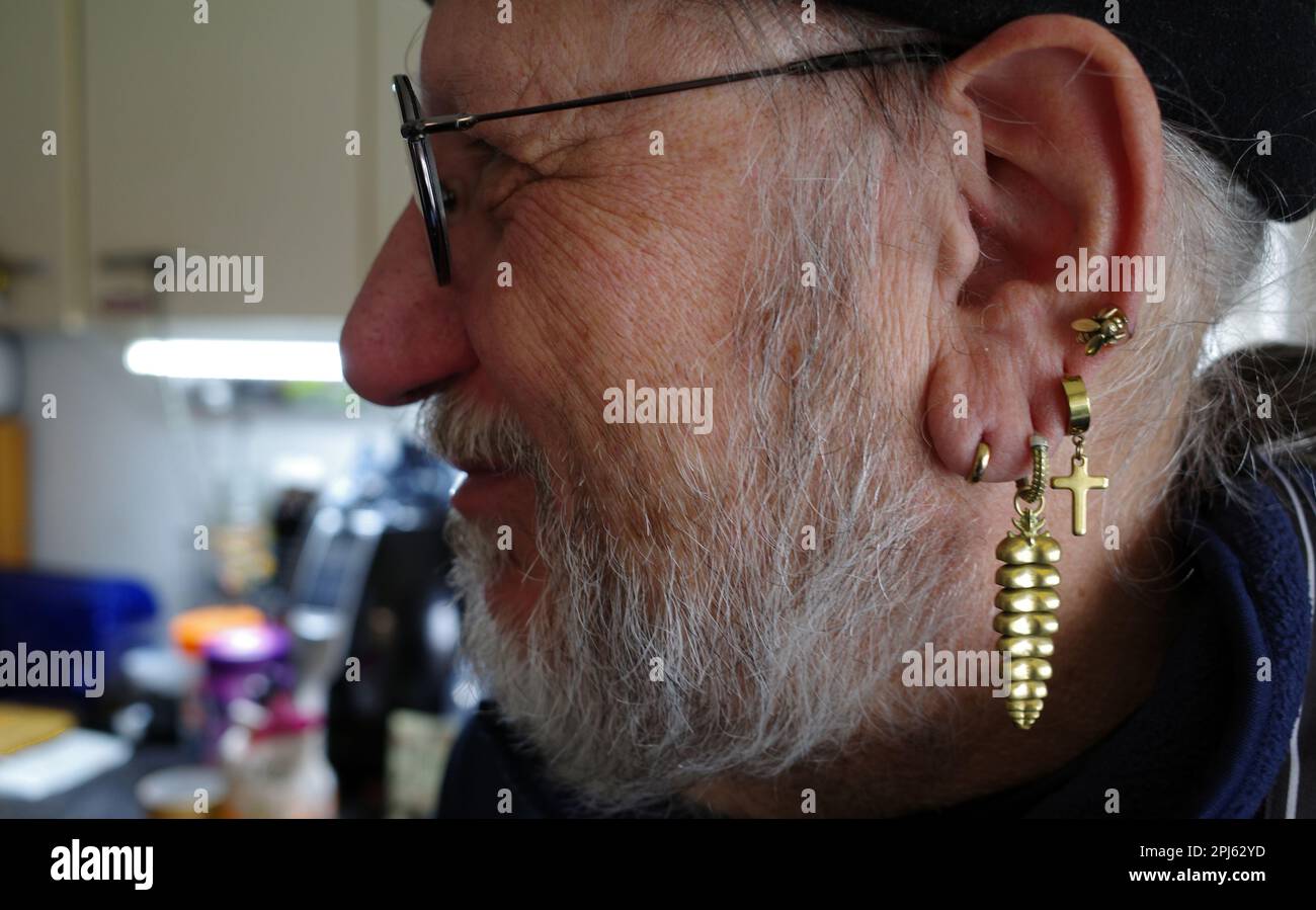 A special earring combination: a normal one, the tail of an rattlesnake ...