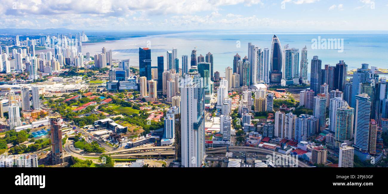 The skyline of Panama City with modern high-rise buildings stretching ...