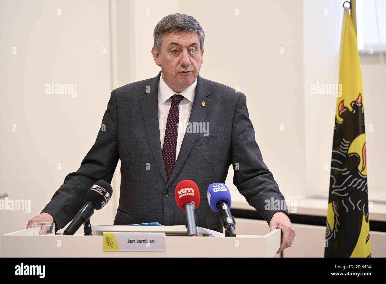 Flemish Minister President Jan Jambon pictured during a press ...