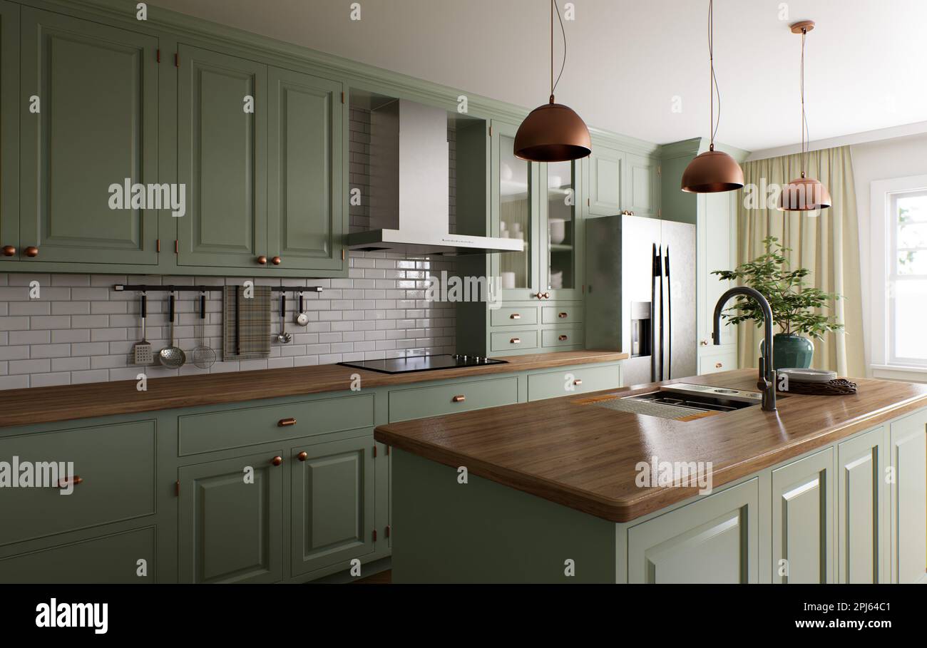 Green kitchen interior with island. Stylish kitchen with wooden worktop ...