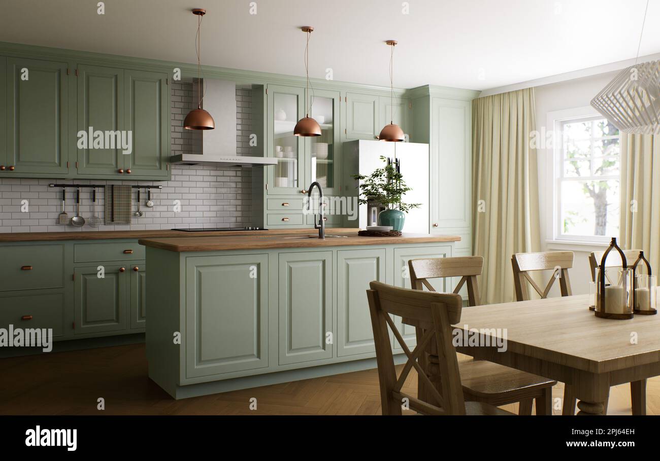 Green kitchen interior with island. Stylish kitchen with wooden worktop ...