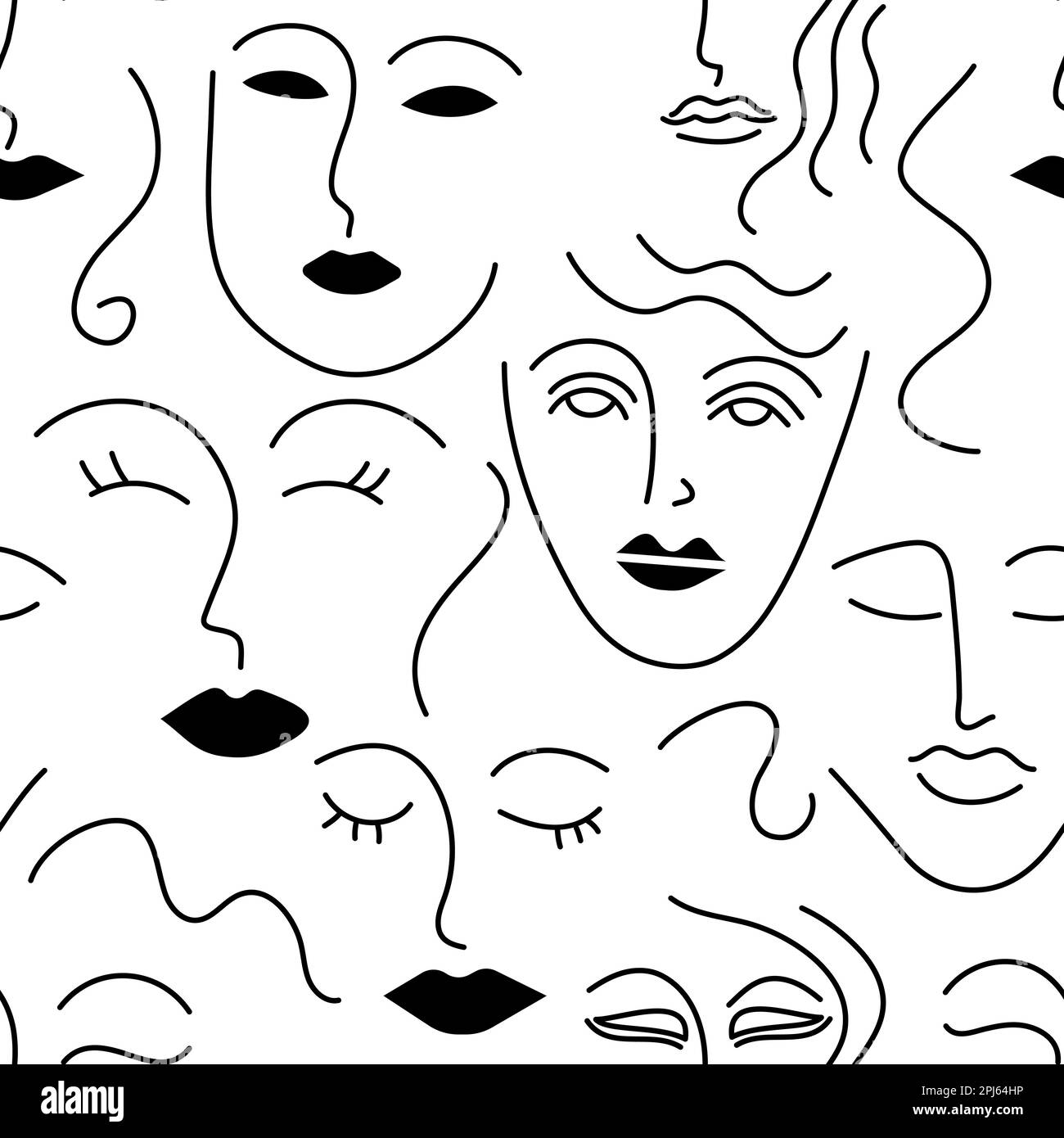 Female faces, seamless sketch doodle pattern. Women background ...