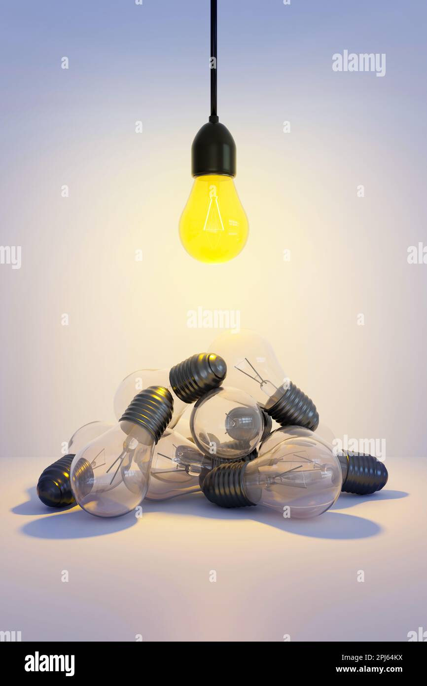 3d realistic banner collage of bulb group with broken one shining ...