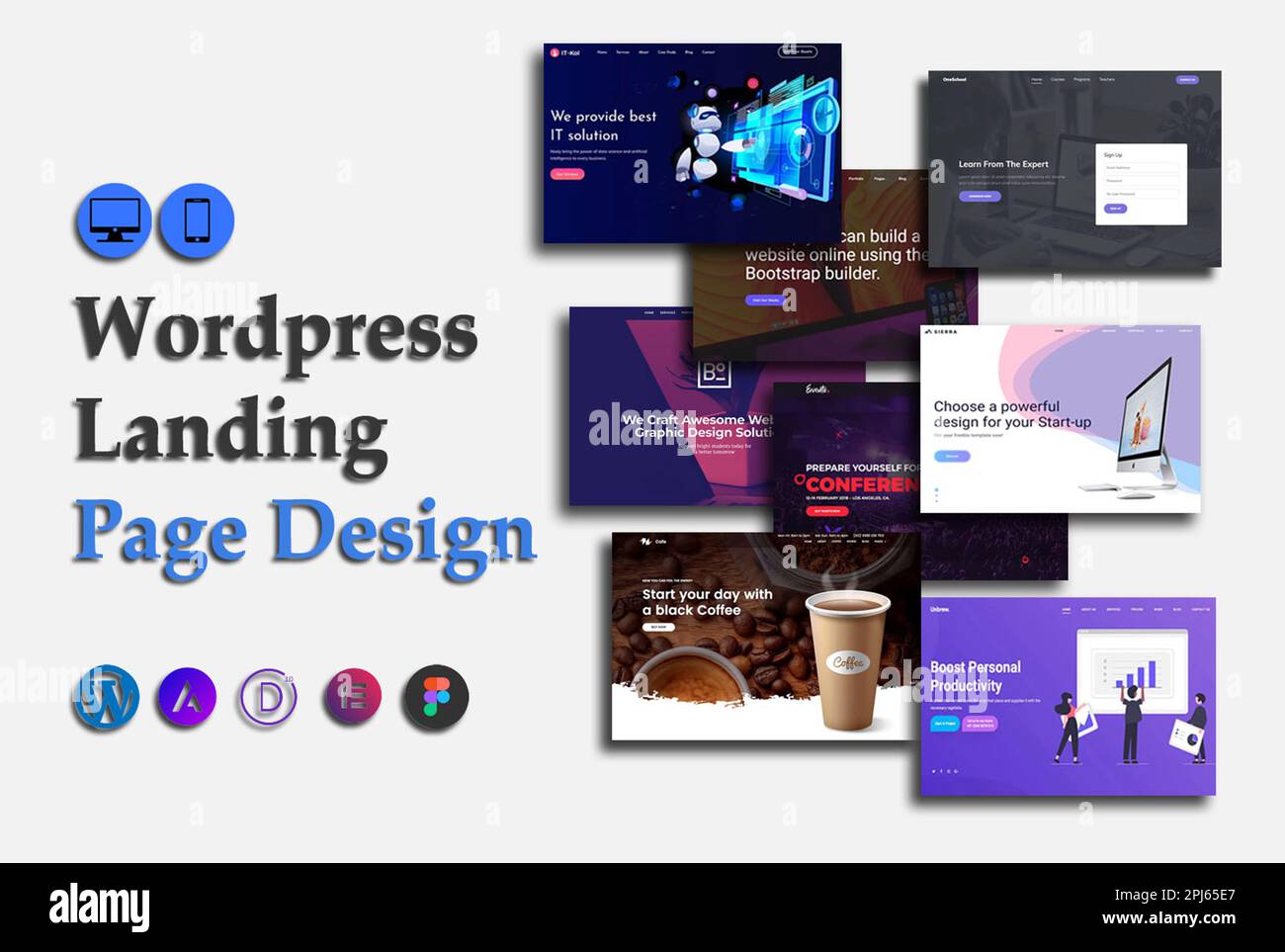 A collection of modern web page designs created using the WordPress ...