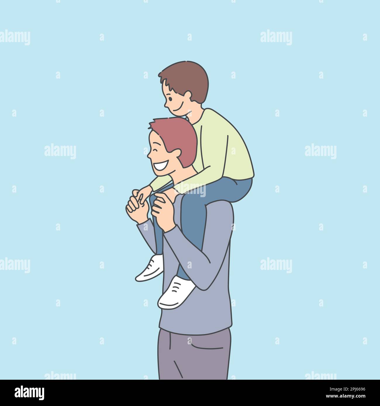 Son Is Sitting On His Fathers Shoulders Dad And Son Together Fathers Day Theme Vector Art