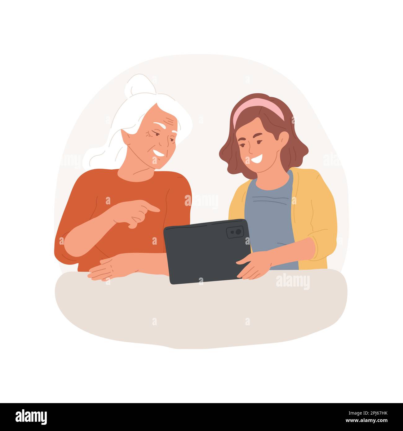 Teach digital literacy isolated cartoon vector illustration. Girl teaching grandmother using ...