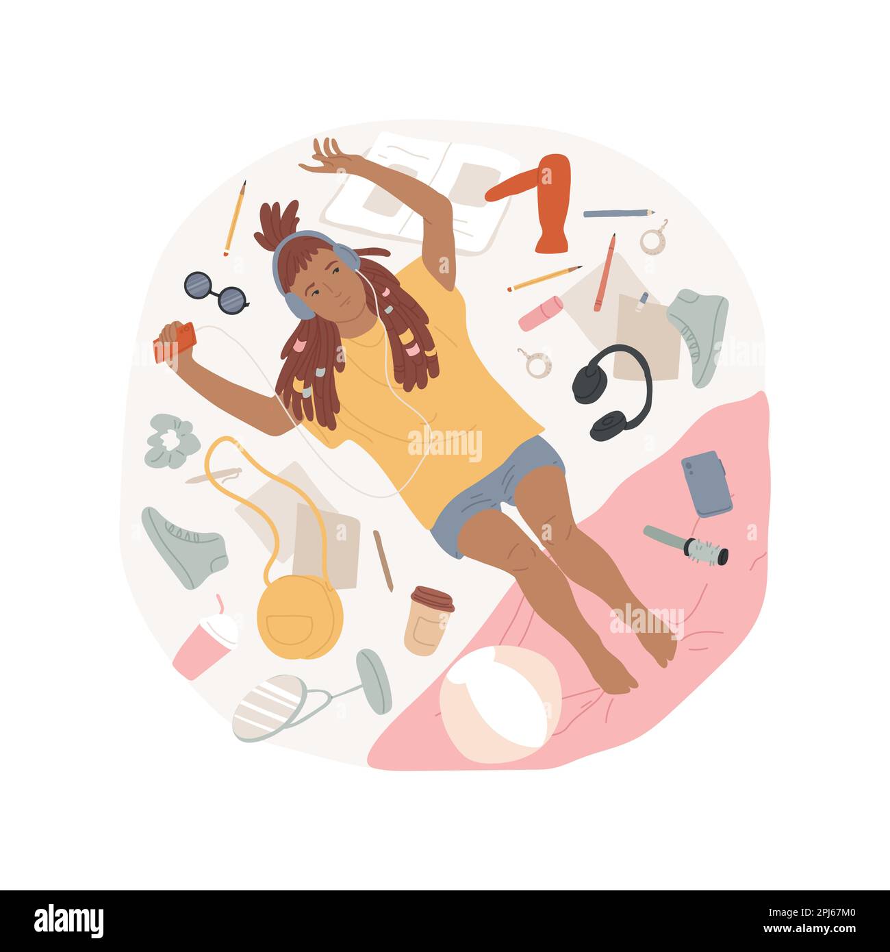 Mess in a bedroom isolated cartoon vector illustration. Teen lying on ...