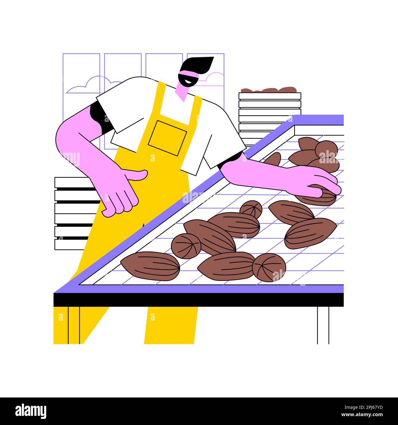 Pecans production isolated cartoon vector illustrations. Man deals with ...