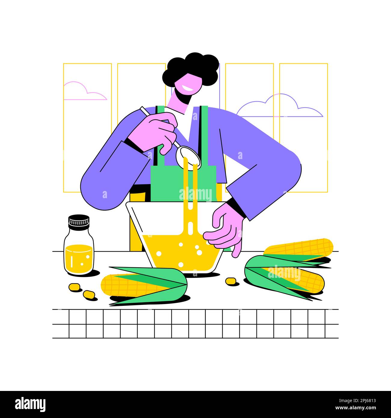 Corn syrup production isolated cartoon vector illustrations. Man making ...