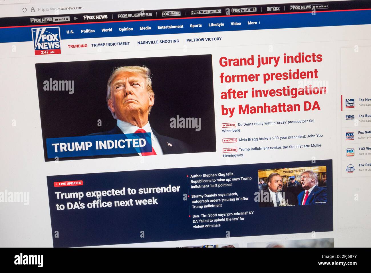 "Trump indicted" headline on the Fox News website with breaking news of ...