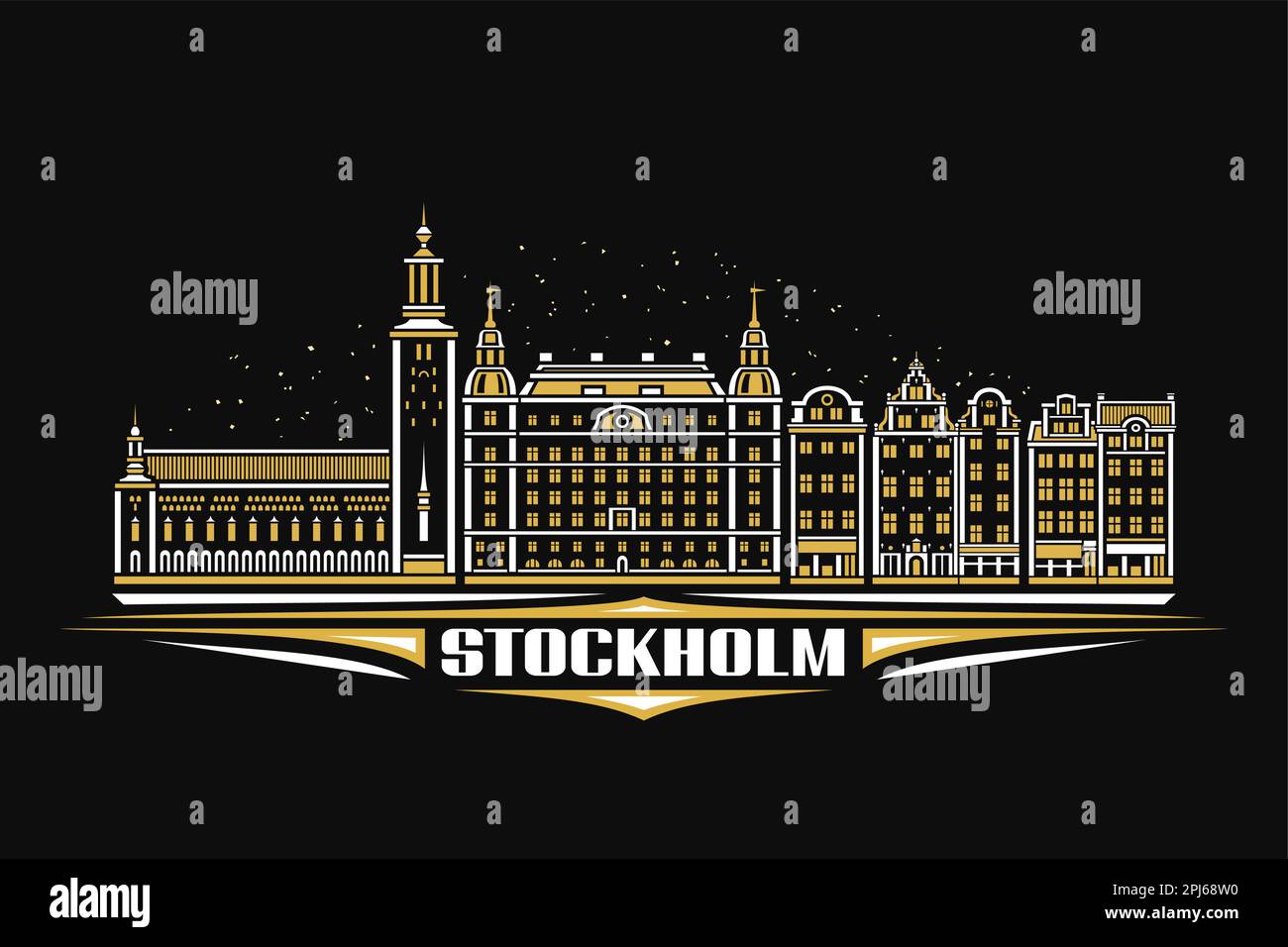 Vector illustration of Stockholm, dark horizontal card with linear ...